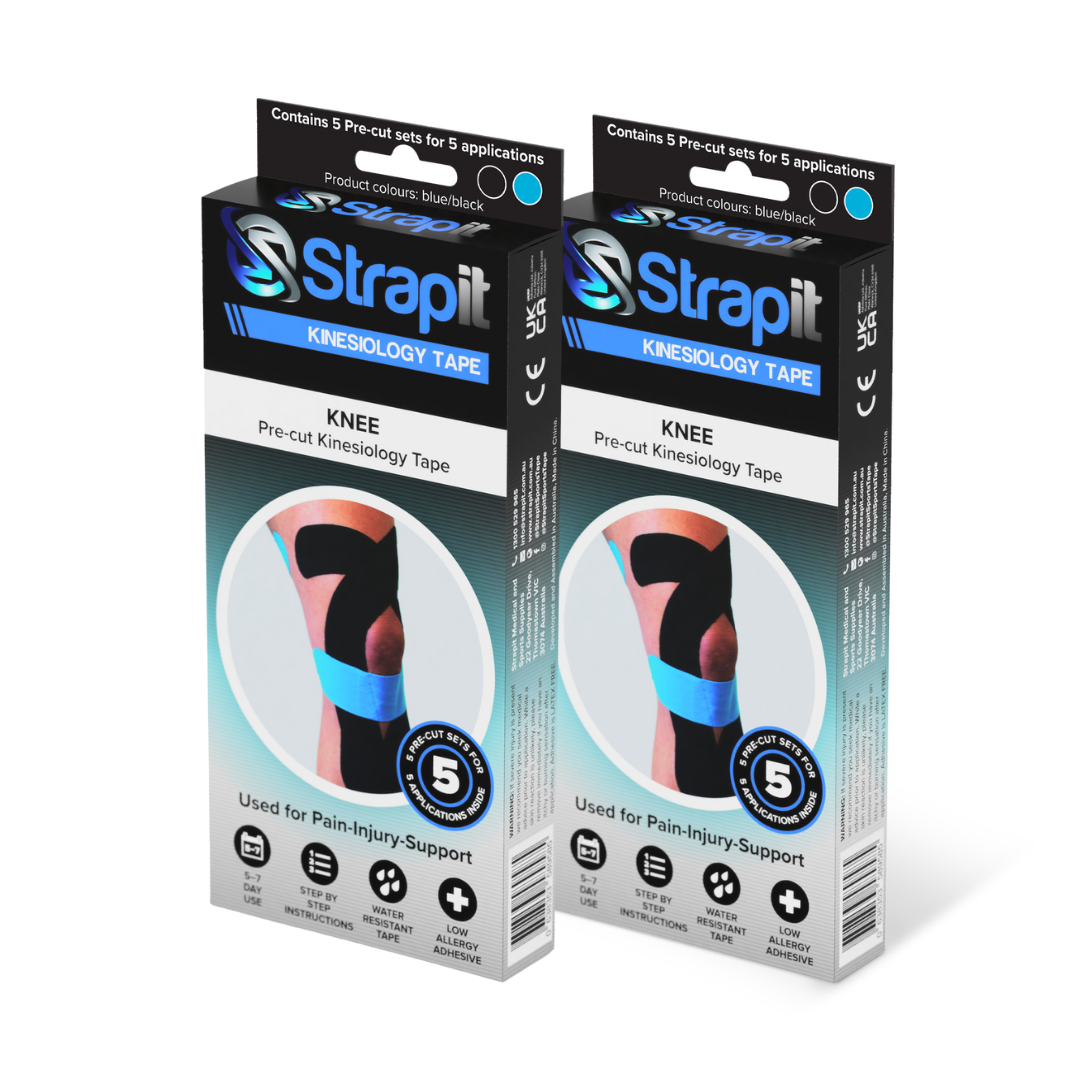Strapit KNEE Precut Kinesiology Tape Box of 5 - 2 PACK MULTIBUY (BLACK